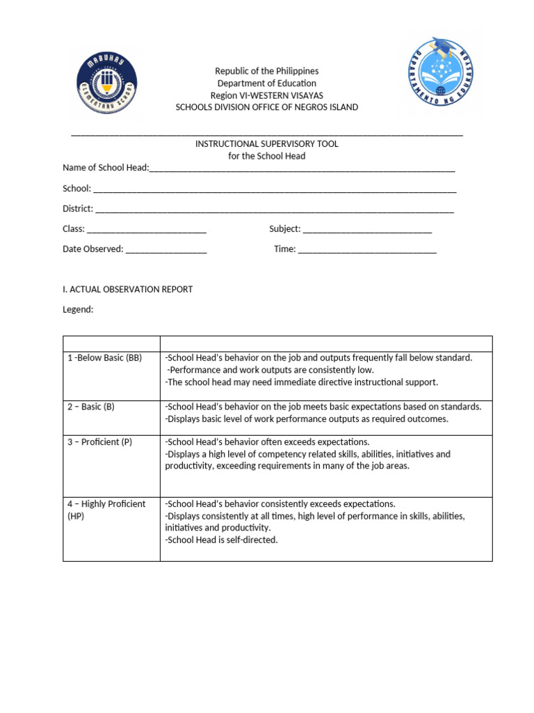 Instructional Supervision Tool for School Heads | PDF | Learning ...