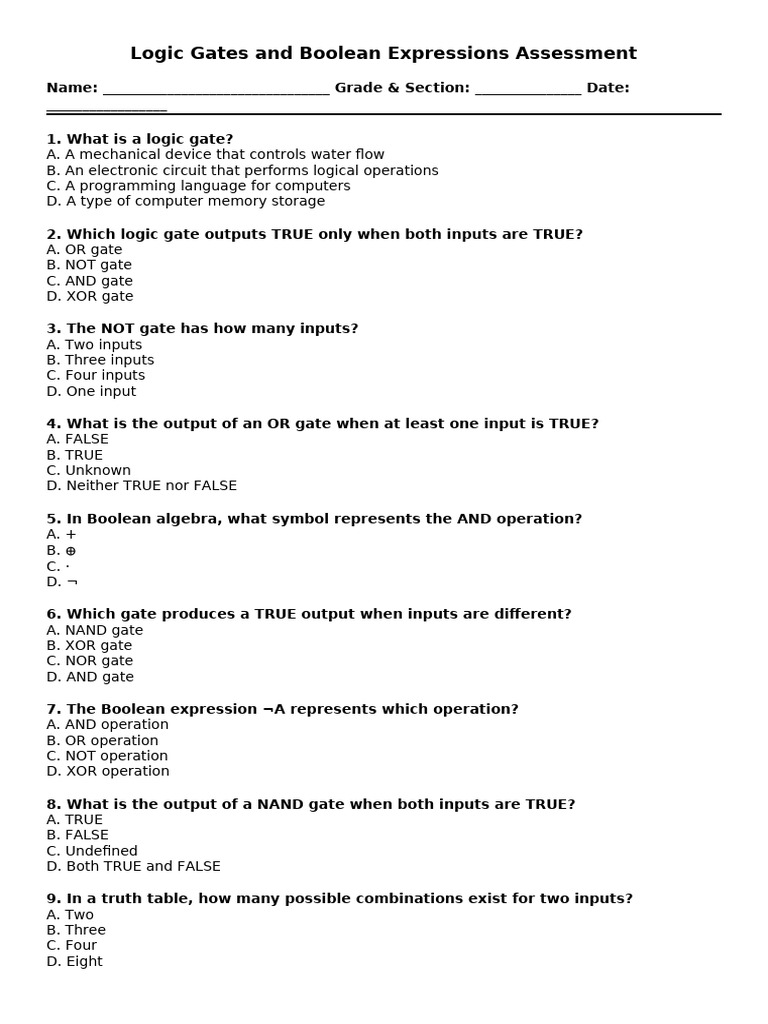 Logic Gates and Boolean Expressions Assessment | PDF | Logic Gate ...