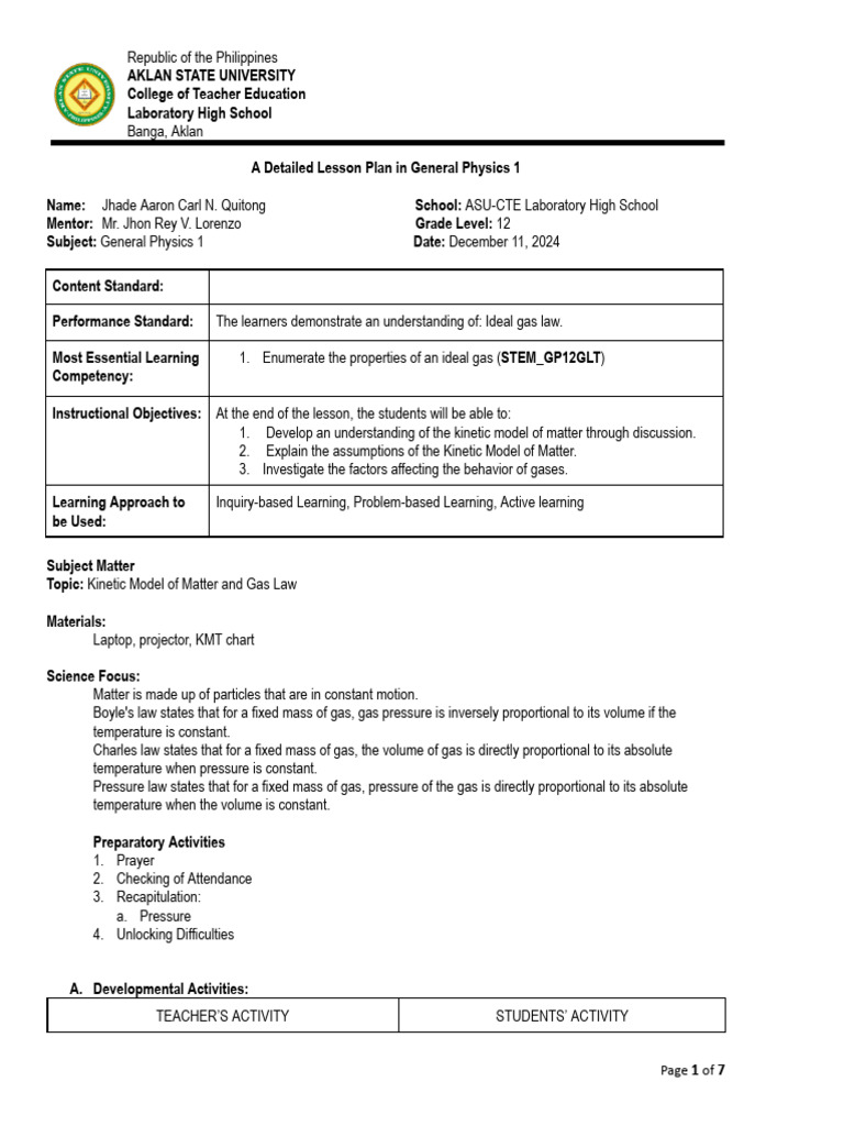 Revised DLP - Kinetic Model of Matter | PDF | Gases | Temperature
