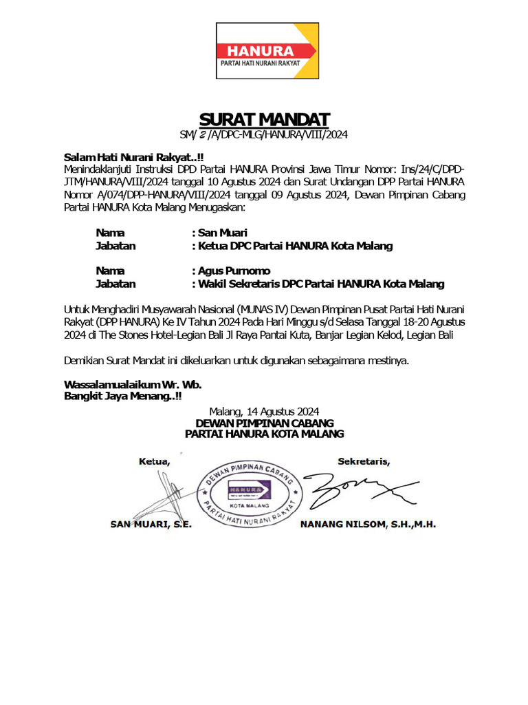 Surat Mandat Munas IV HANURA | PDF