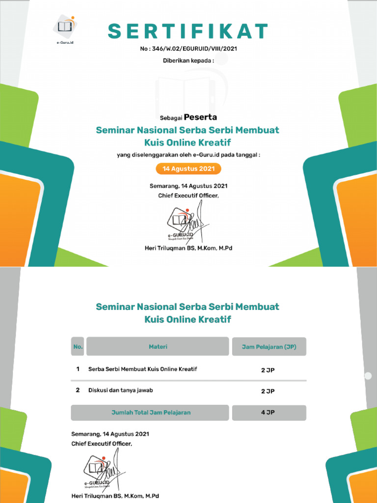 Sertifikat Semnas Serba Serbi Membuat Kuis Online (Peserta) Revisi | PDF