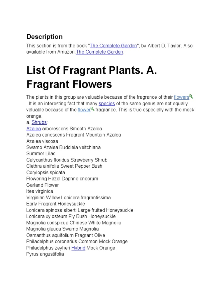 List of Fragrant Plants. A. Fragrant Flowers: Description | PDF