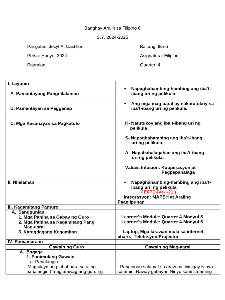 Banghay Aralin Sa Filipino 6 Detailed Lesson Plan | PDF