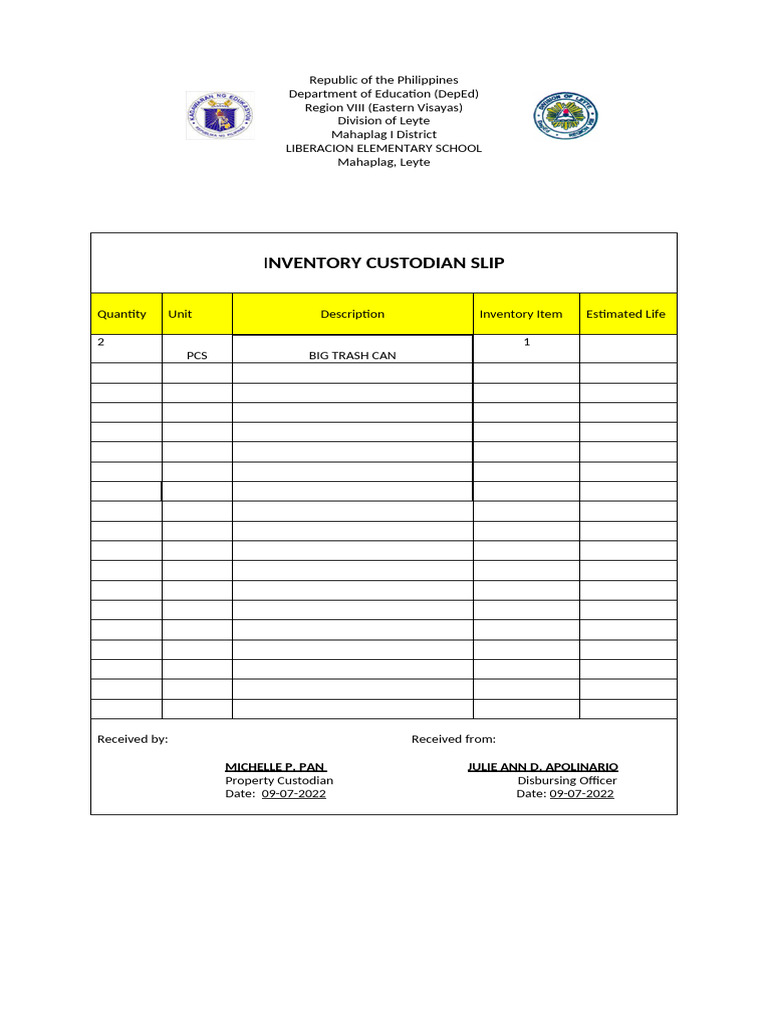INVENTORY CUSTODIAN SLIP | PDF