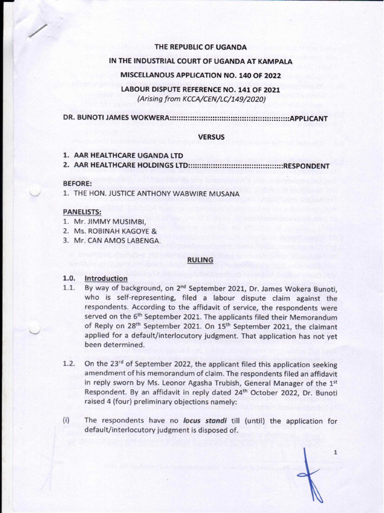 Ma No 140 of 2022 DR Bunoti James Wokwera Vs Aar Health Care Ug LTD Ms ...