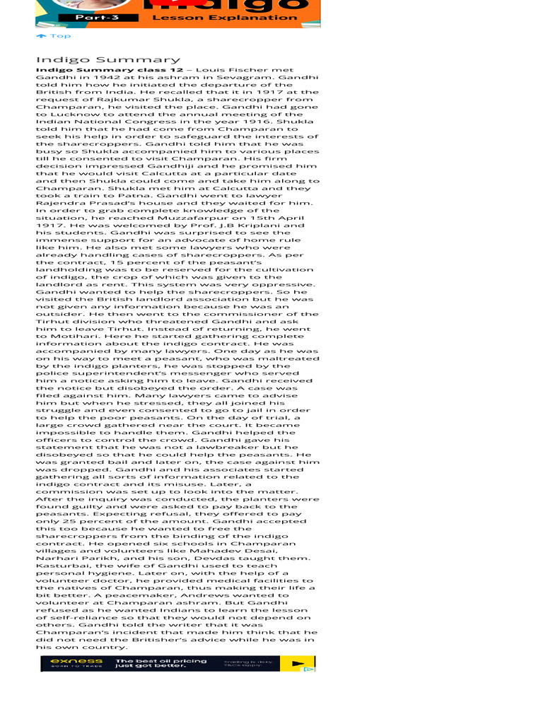 Indigo Summary, Explanation, Word Meanings Class 12 | PDF | Mahatma Gandhi | British Raj