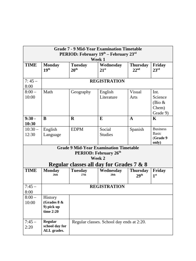 Lower School Mid-Year Examination Time Table | PDF