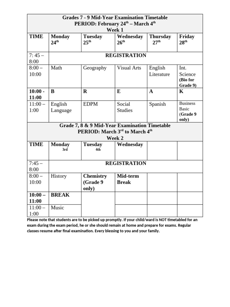 Lower School Mid-Year Examination Time Table-1 | PDF