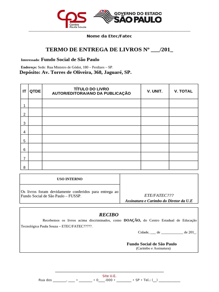 Modelo V Termo de Entrega de Livros | PDF