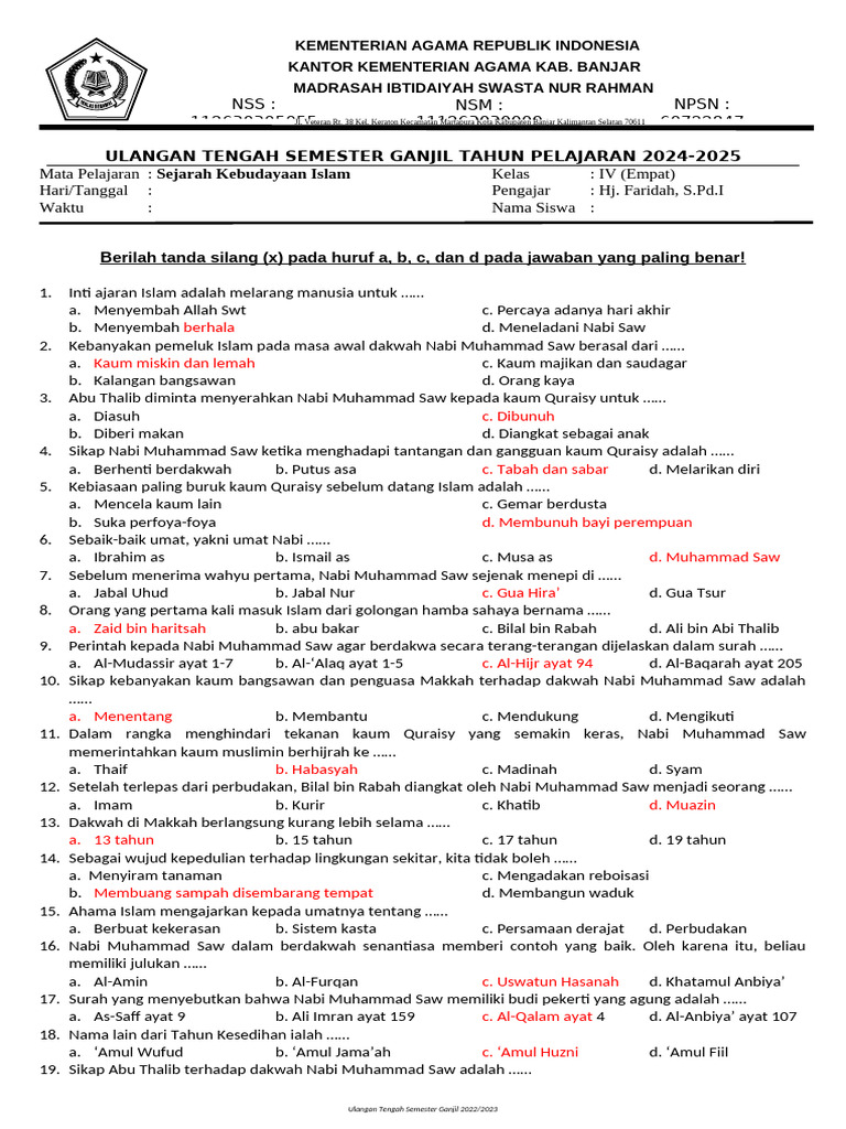 Soal Uts Ski Kelas 4 Tp. 2024-2025 | PDF