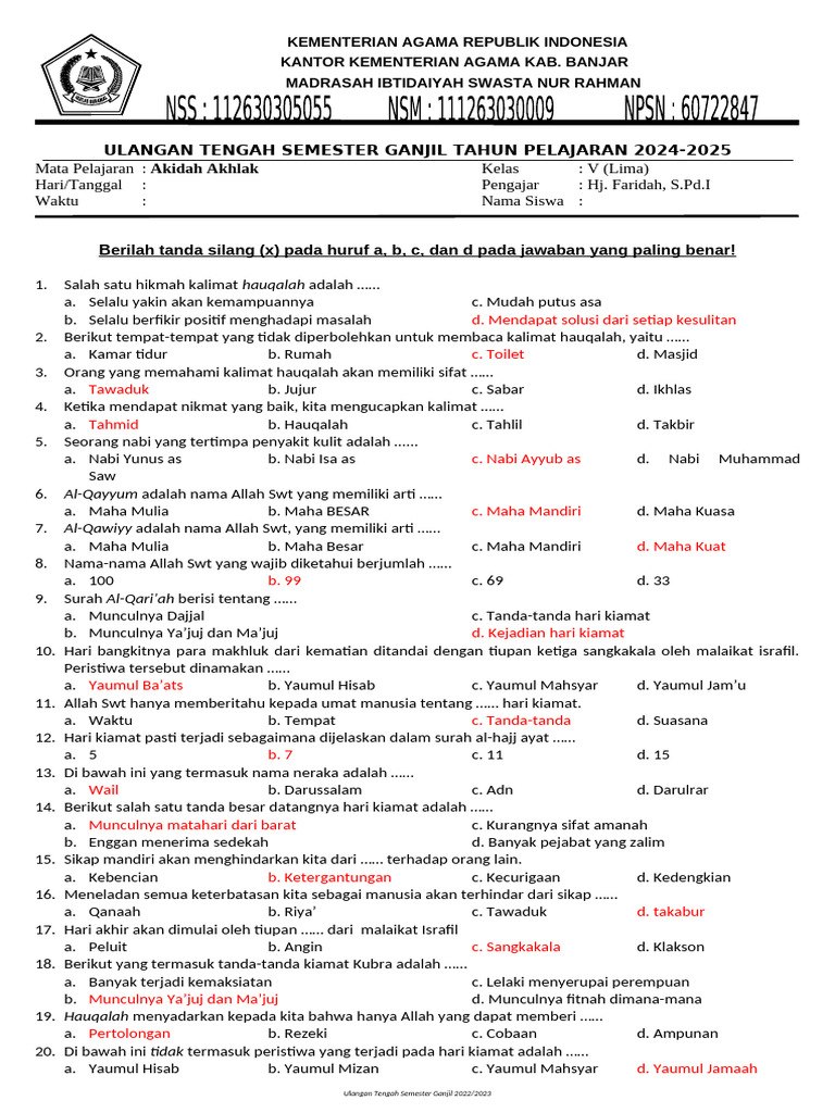 Soal Uts Akidah Akhlak Kelas 5 Tp. 2024-2025 | PDF