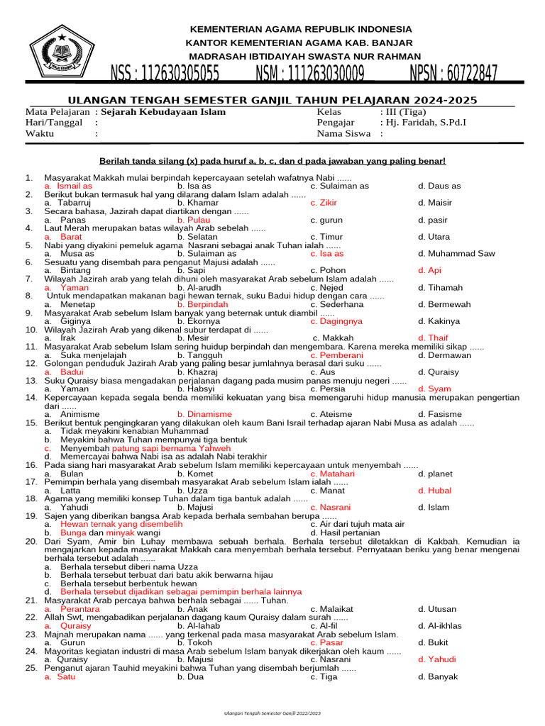 Soal Uts Ski Kelas 3 Tp. 2024-2025 | PDF