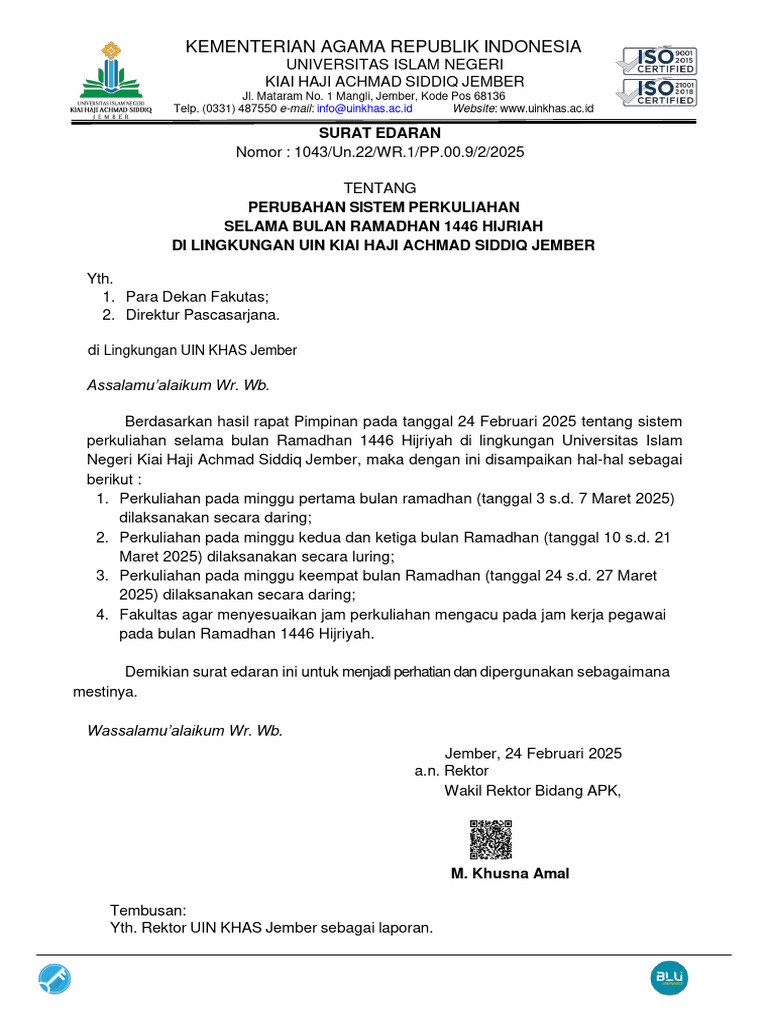 SE- PERUBAHAN JAM PERKULIAHAN SELAMA BULAN RAMADHAN 1446 H | PDF