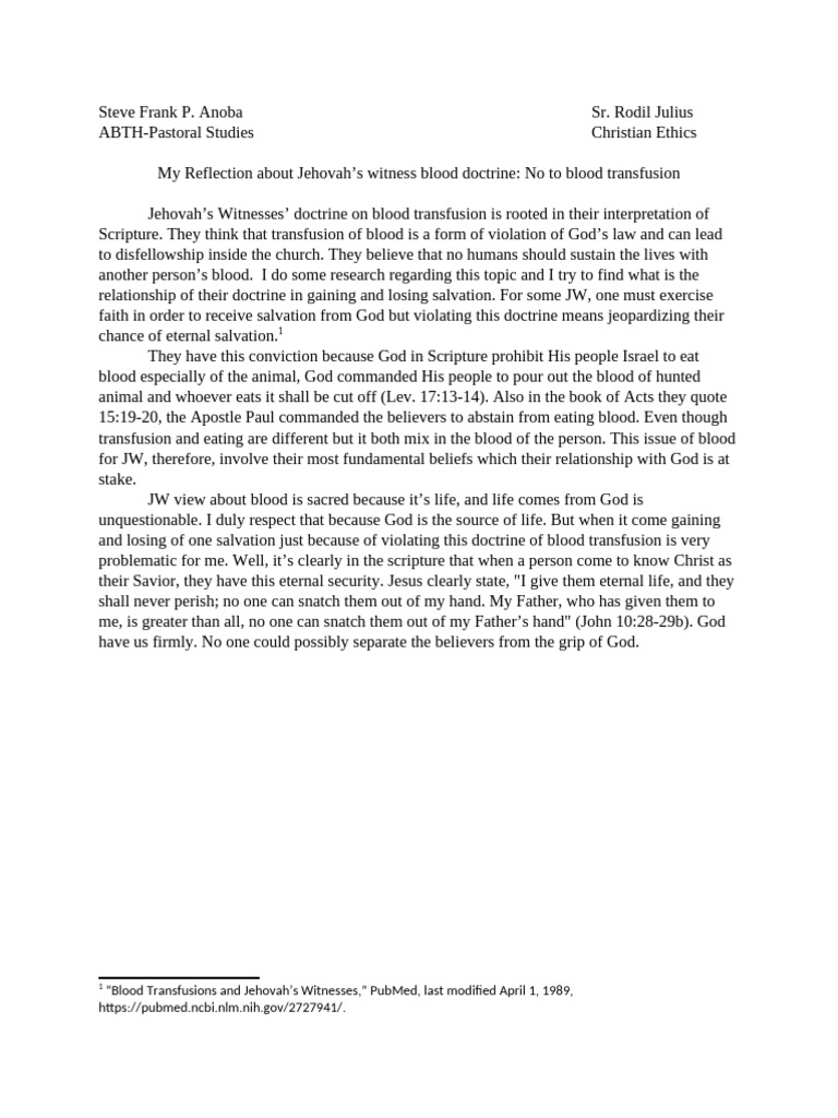 My Reflection About Jehovah S Witness Blood Doctrine No To Blood ...