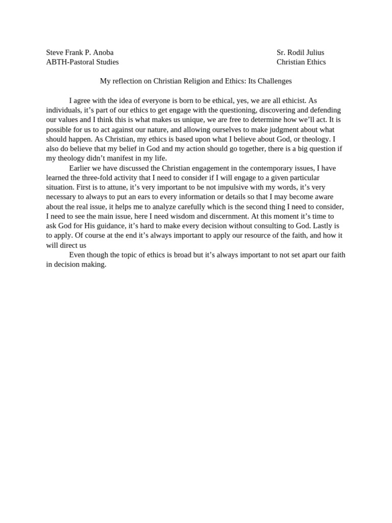 My reflection on Christian Religion and Ethics Its Challenges (Steve) | PDF