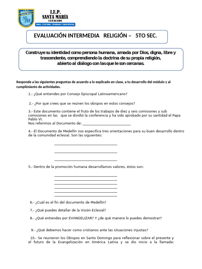 Evaluación Intermedia Reli. 5to Sec. | PDF
