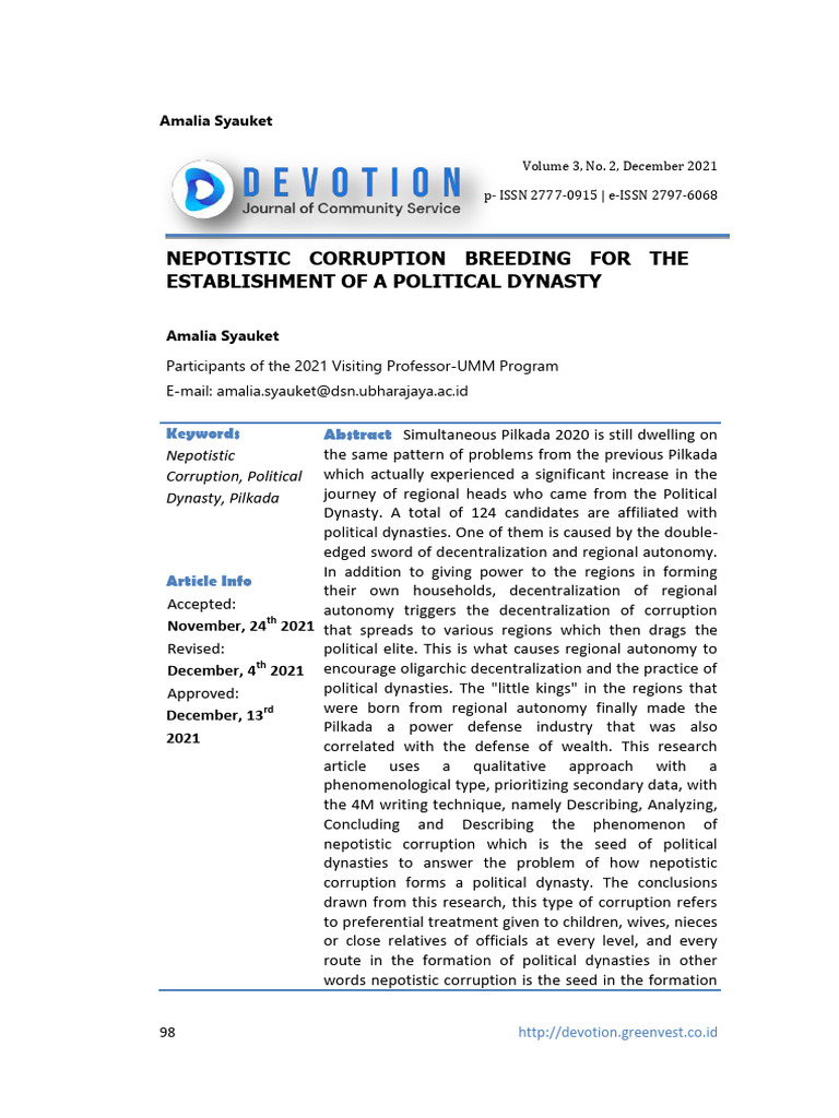 Nepotistic Corruption Breeding For The Establishment of A Political ...