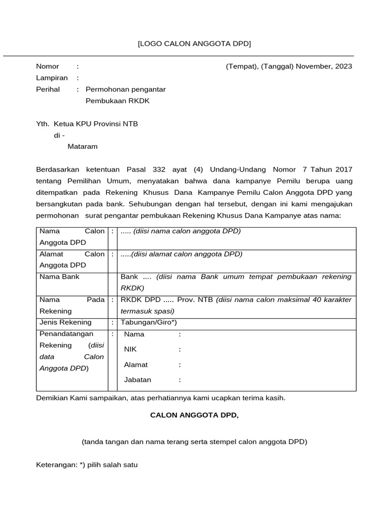 Format Surat Permohonan Pengantar Pembukaan RKDK Calon DPD | PDF