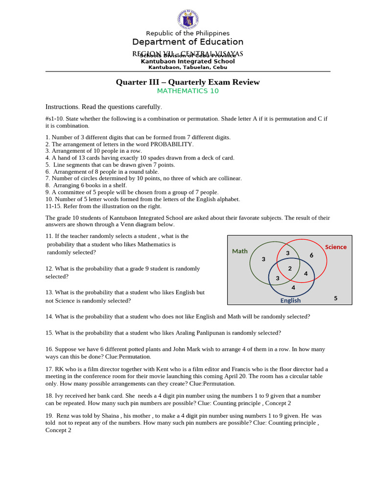 Q3 MATHEMATICS 10 Review | PDF | Probability