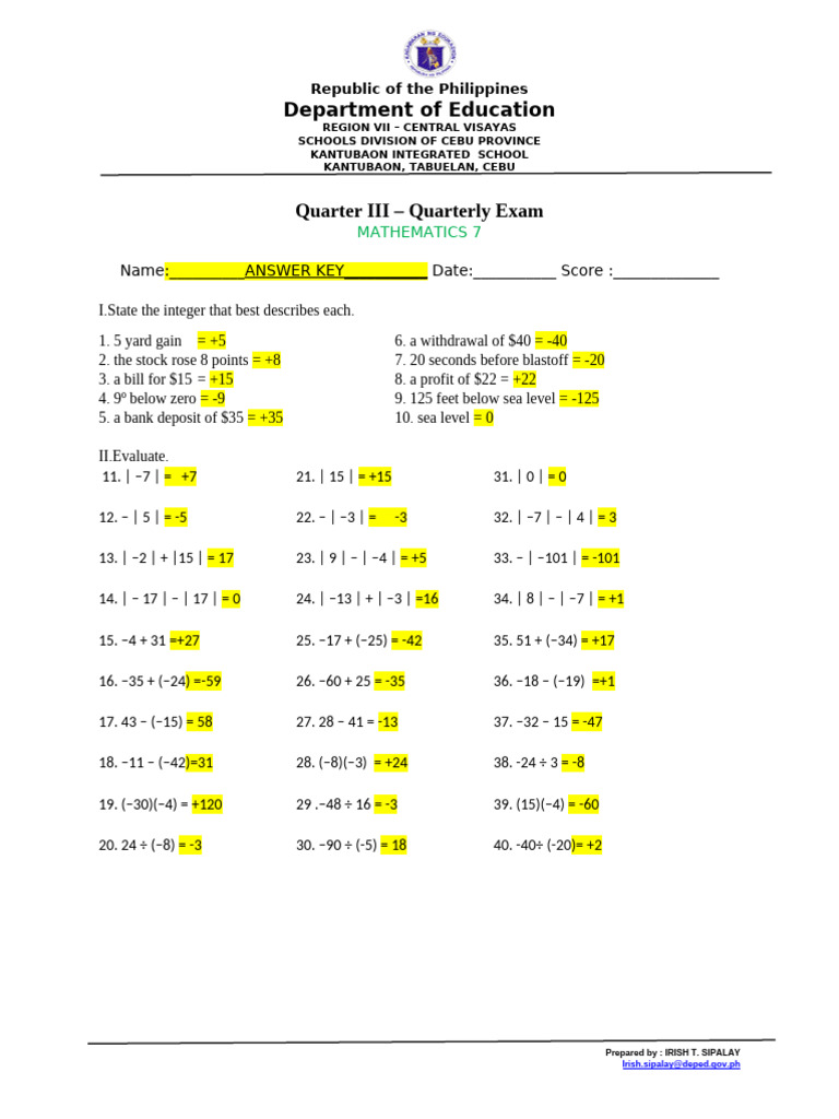 q3 Mathematics 7 - Review | PDF