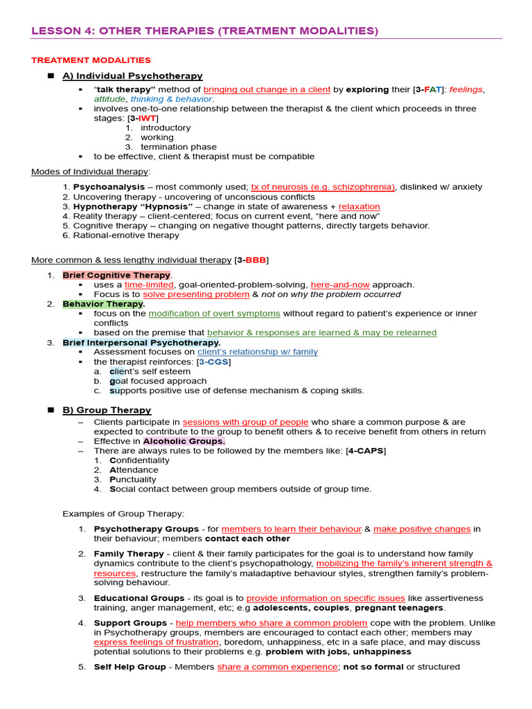 Lesson 4 - Other Therapies (Treatment Modalities) | PDF | Psychotherapy ...