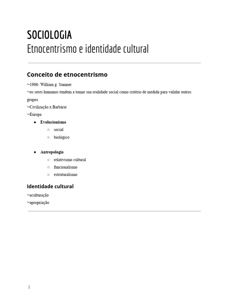 Etnocentrismo e Identidade Cultural - Sociologia | PDF