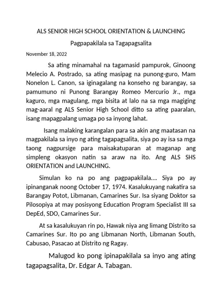 Als Senior High School Orientation | PDF