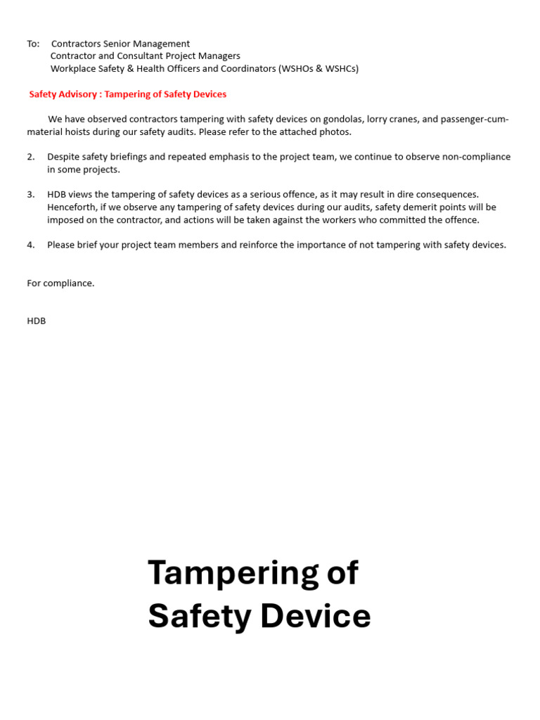 Safety Advisory - Tampering of Safety Device | PDF