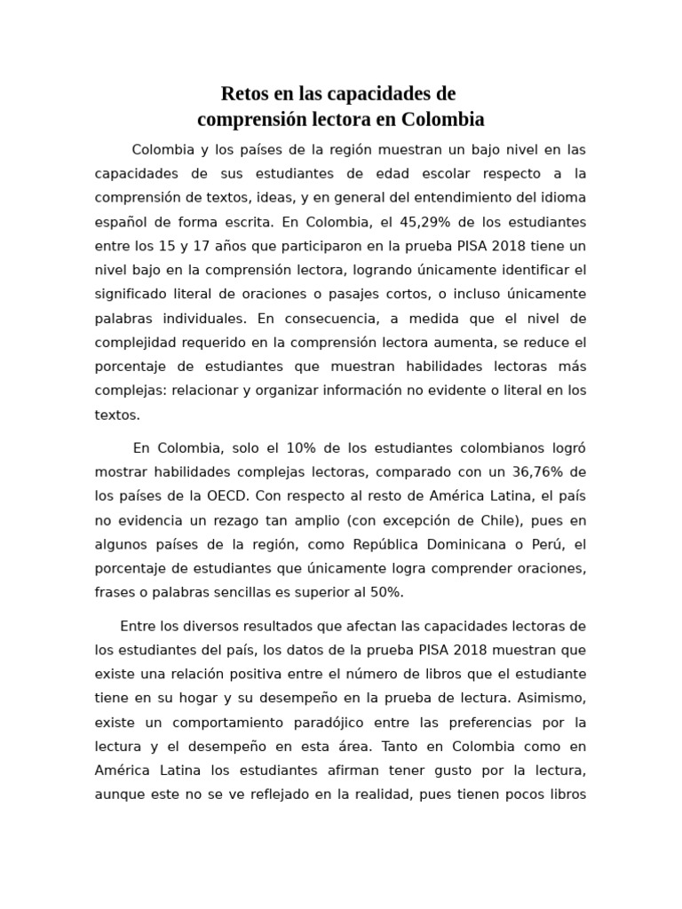 Retos Comprensión Lectora en Colombia | PDF
