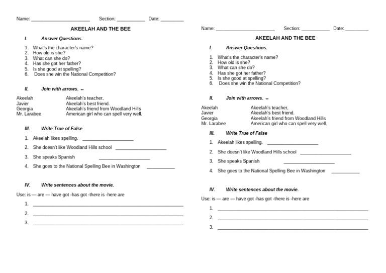 Akeelah and The Bee Questionnaire | PDF