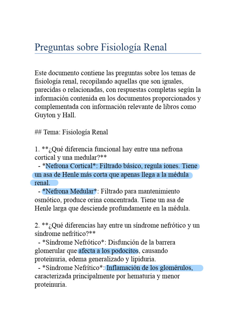 Preguntas Fisio Renal Completo | PDF | Riñón | Sodio