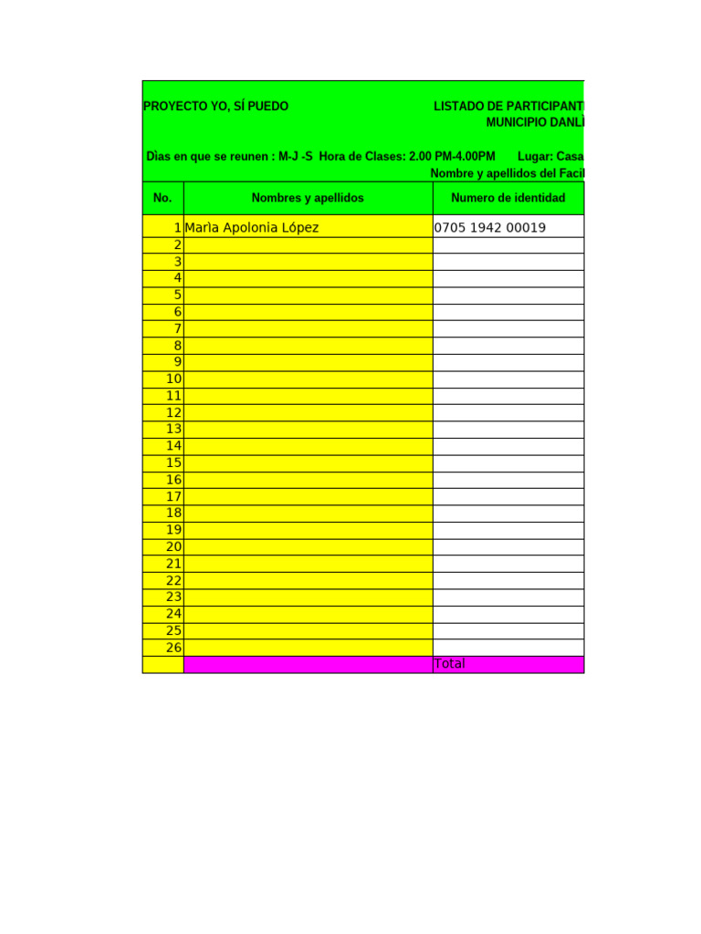 Formato Control de Grupo Clases Yo Si Puedo | PDF