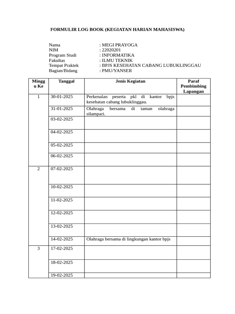 Log Book Kegiatan Harian Mahasiswa Praktek | PDF