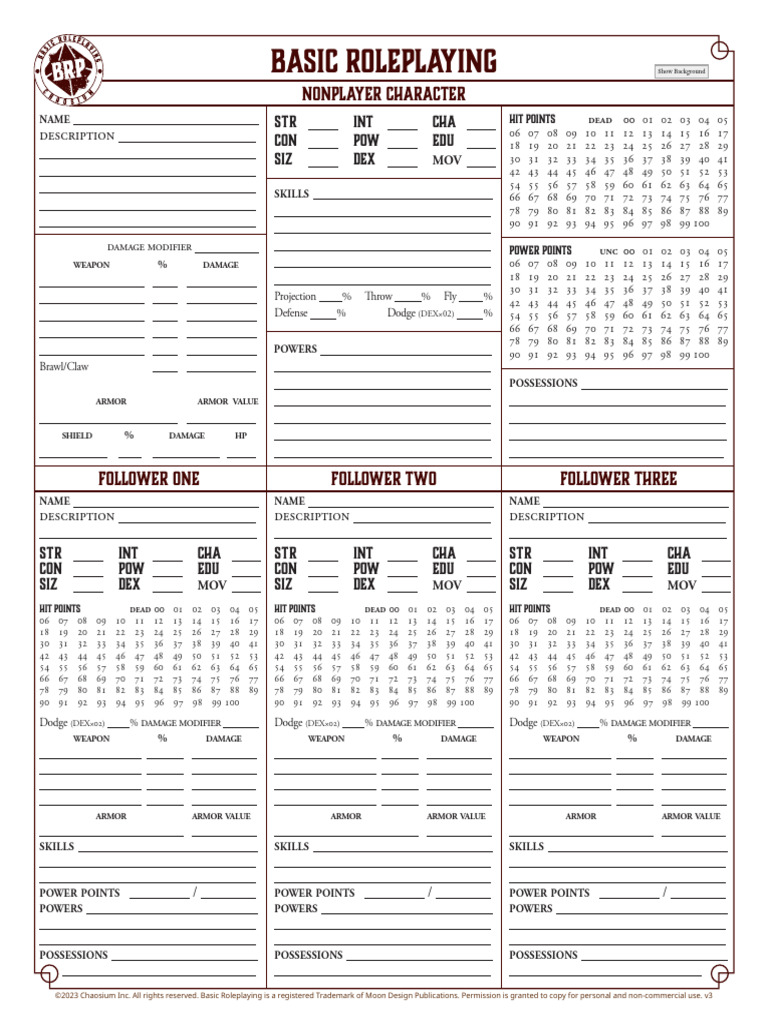 Brp Npc Sheet | PDF | Role Playing Games | Entertainment