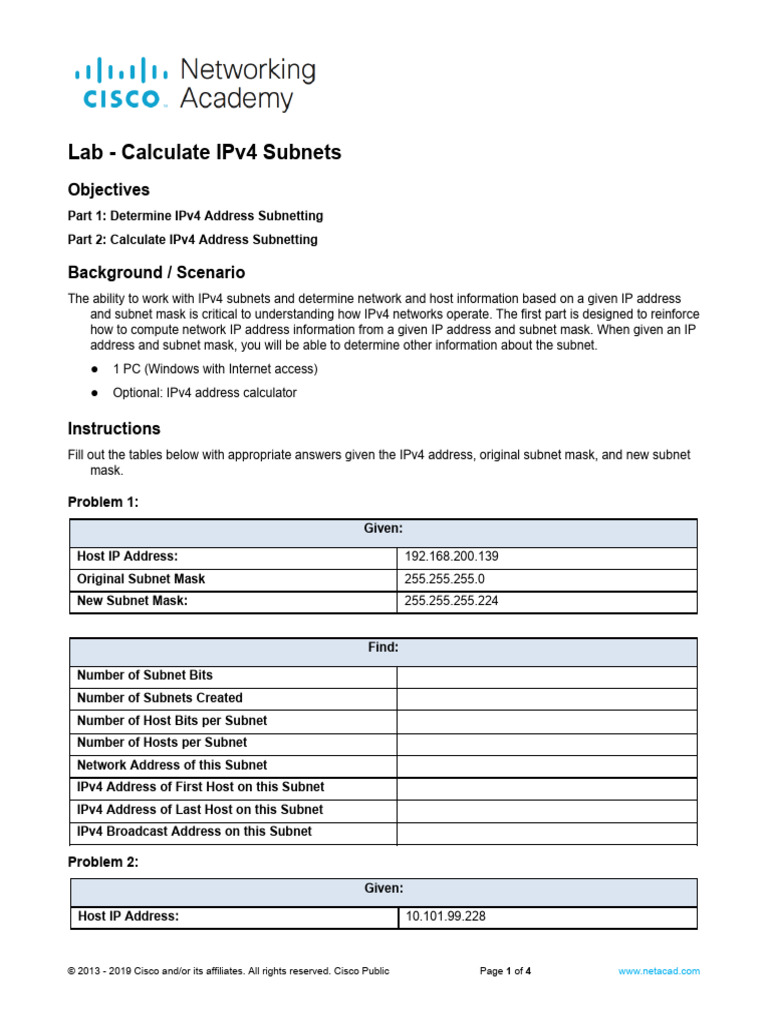 11.6.6 Lab - Calculate IPv4 Subnets | PDF | Ip Address | Communications Protocols
