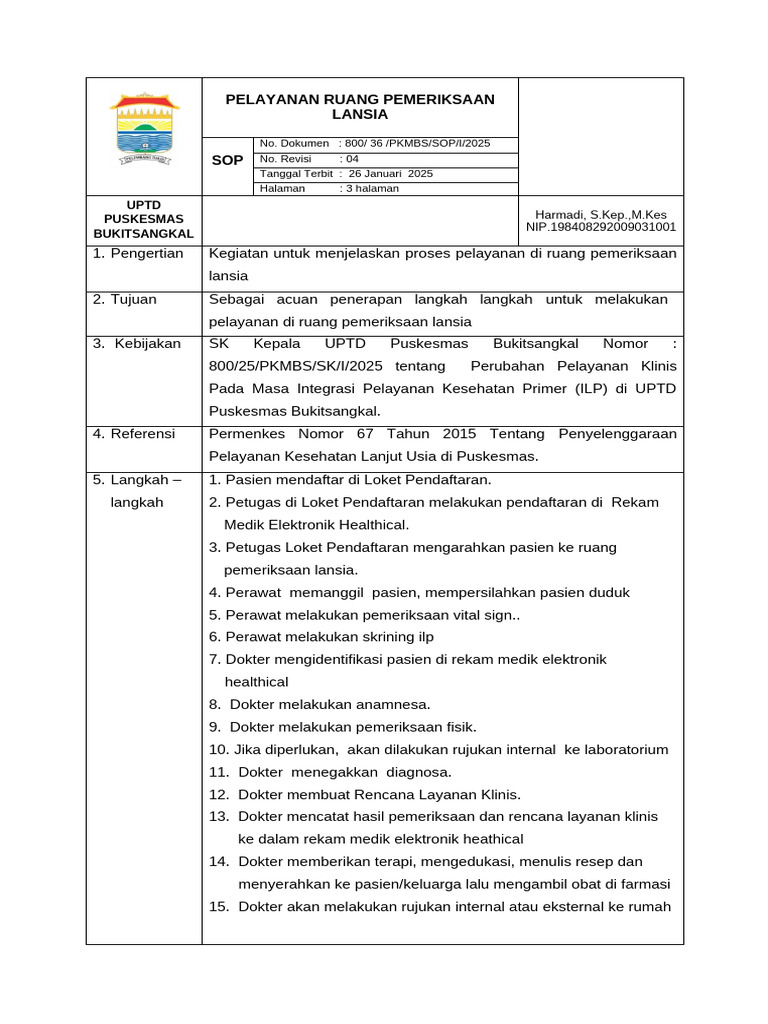 SOP Pelayanan Ruang Pemeriksaan Lansia | PDF