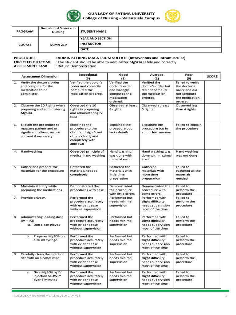 Ncma 219 Rubrics Administering Magnesium Sulfate | PDF | Injection (Medicine) | Syringe