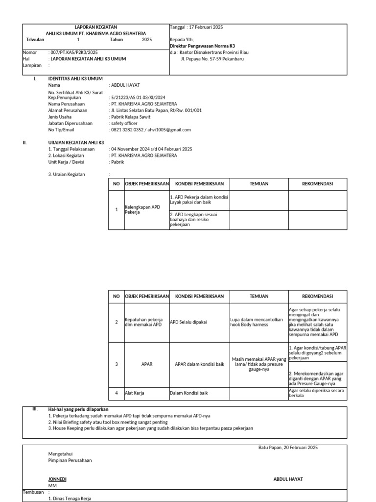 Laporan K3 PT. Kharisma 2025 | PDF