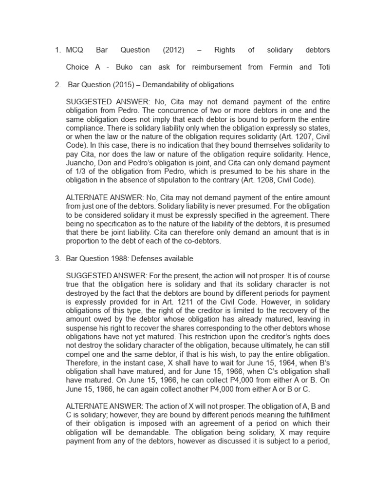 Quiz On Joint and Solidary Obligations - ANSWER KEY | PDF | Guarantee ...