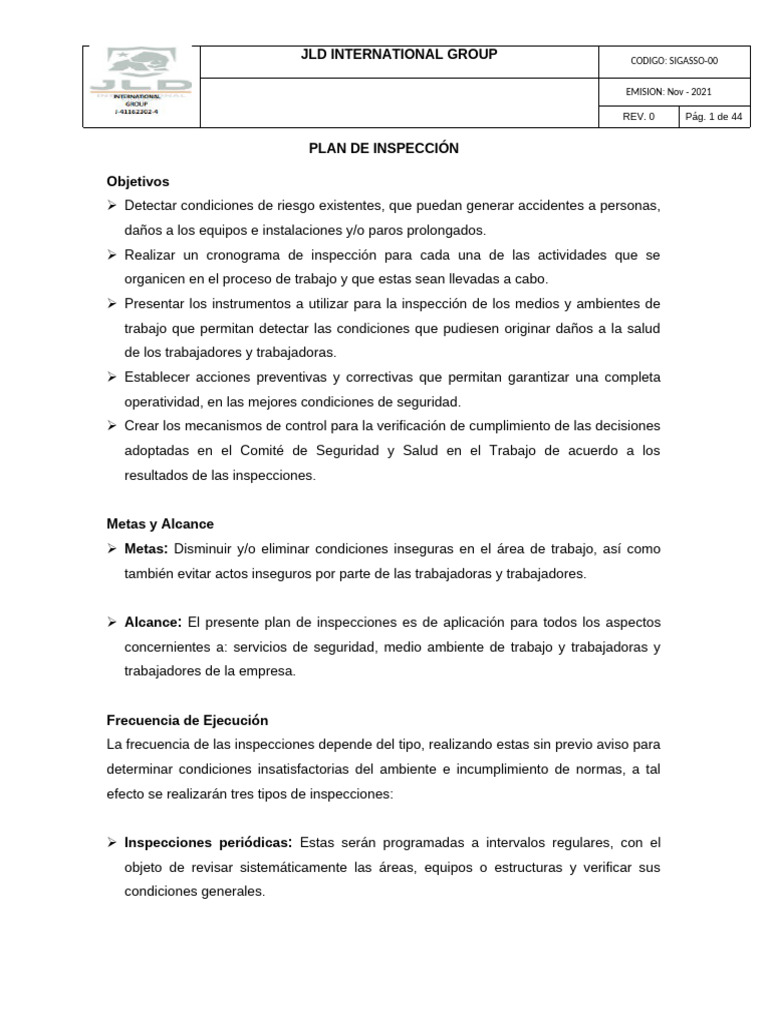 Plan de Inspección de Seguridad Laboral | PDF | Seguridad y salud ...