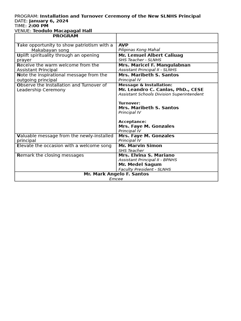 PROGRAM Installation New Principal | PDF