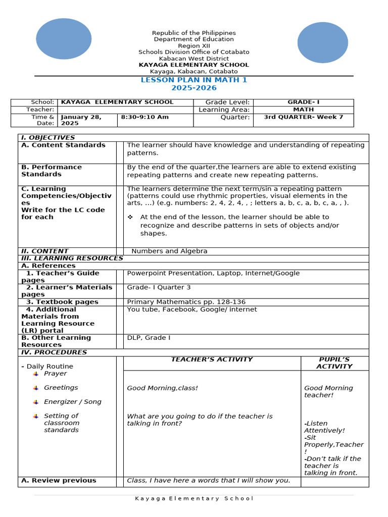 Grade 1 Math Lesson Plan: Patterns | PDF | Pattern | Teachers