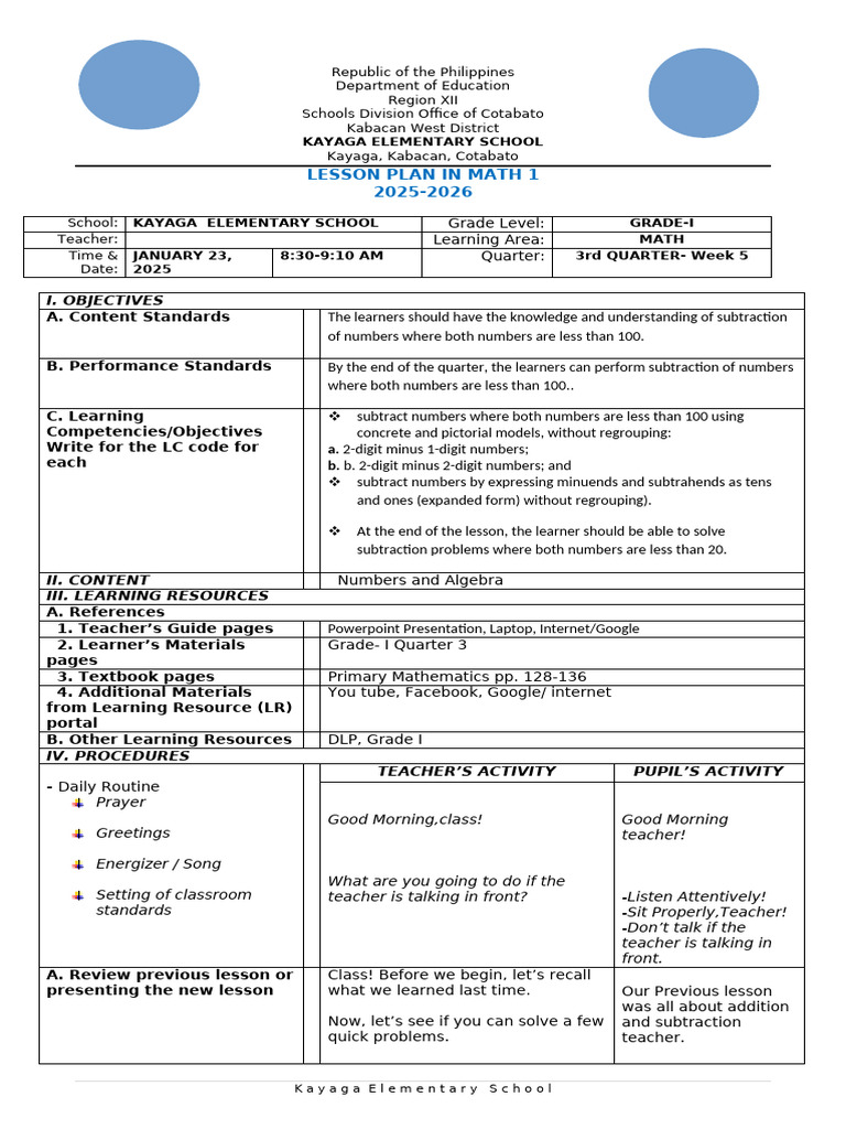 cot-lp-3rd-gading-MATH-W5-D1 | PDF | Subtraction | Learning