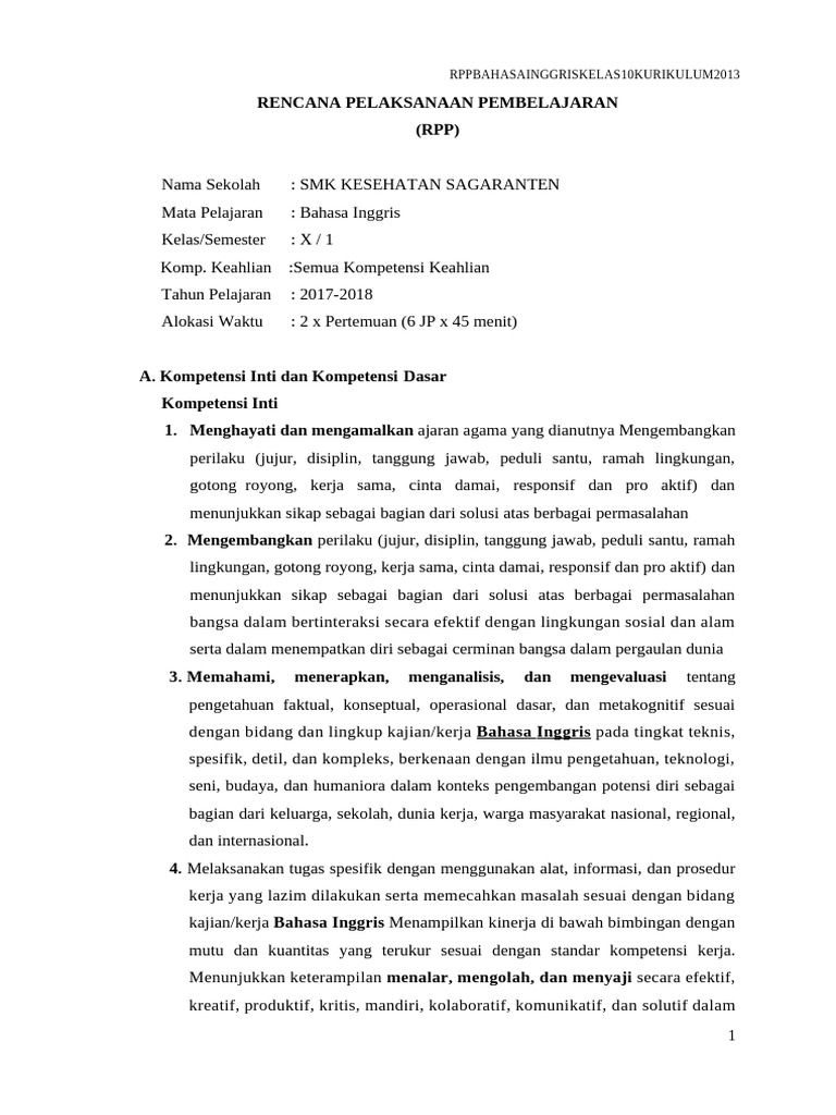 [PDF] Rpp Bahasa Inggris Smk Kelas 10 Kurtilas | PDF