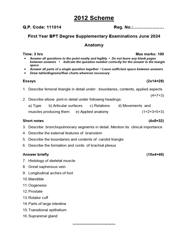 Anatomy Exam Paper for BPT 2024 | PDF
