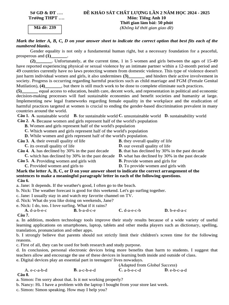 English Exam Grade 10 2024-2025 | PDF | Gender Equality | Gender Studies