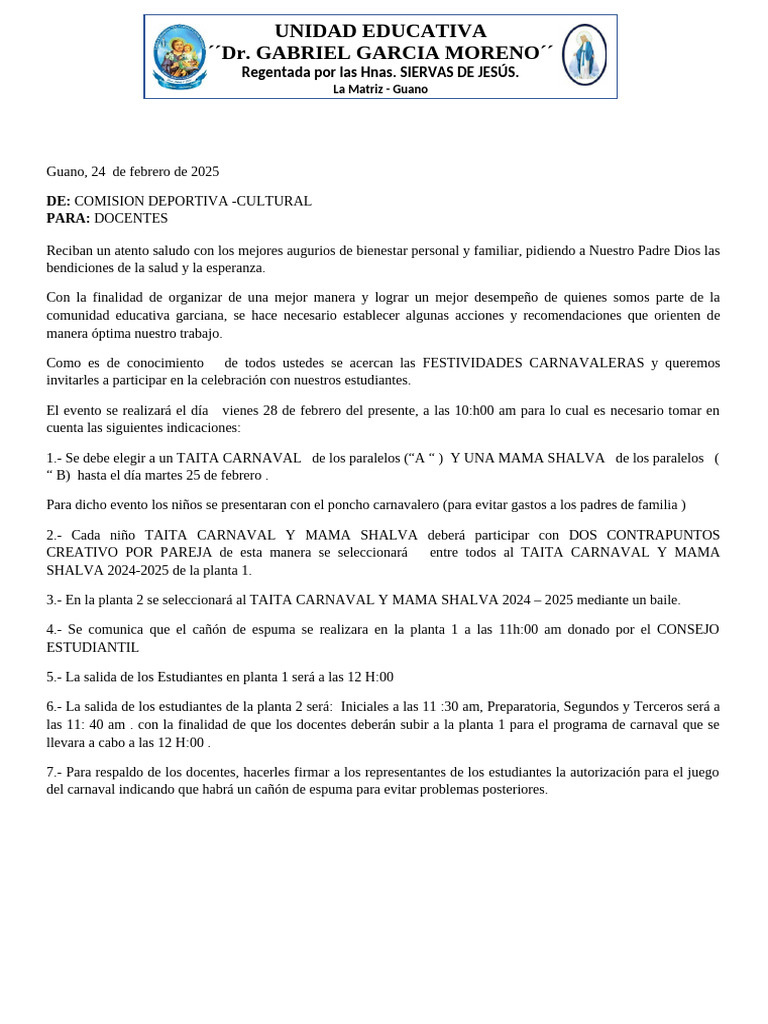 COMUNICADO CARNAVAL 2025 Planta 2 | PDF