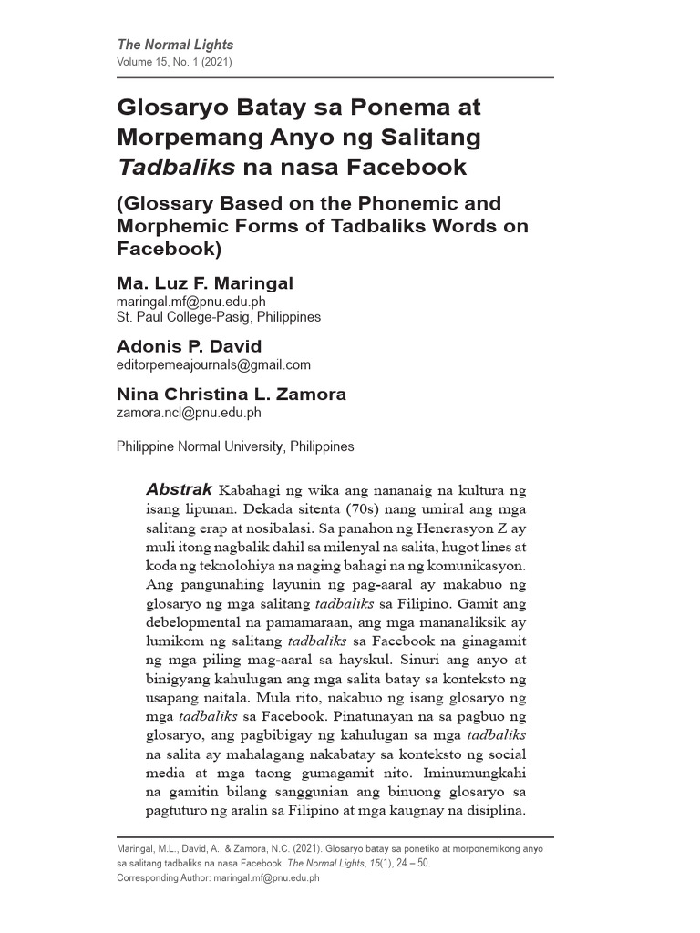 Tadbaliks: Glosaryo Batay Sa Ponema at Morpemang Anyo NG Salitang Na ...