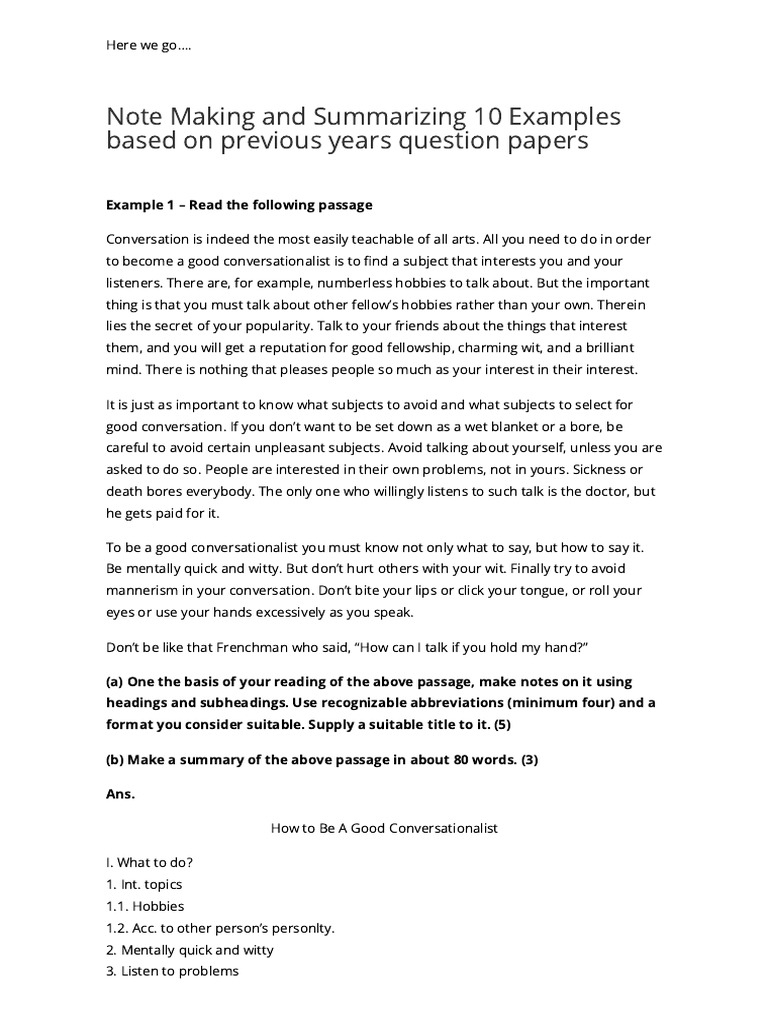 10 Examples of Note Making and Summarizing Class 11 - Sample Questions ...