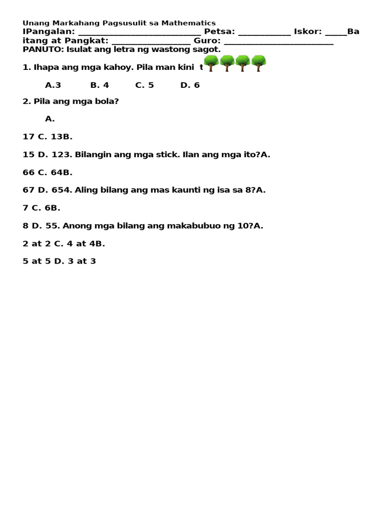 Unang Markahang Pagsusulit Sa Mathematics IPangalan | PDF